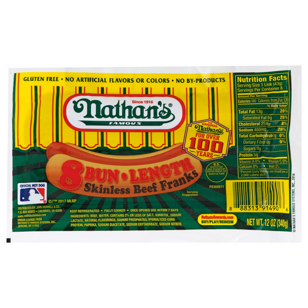 Save on Nathan's Famous Bun Length Skinless Beef Franks - 8 ct Order ...