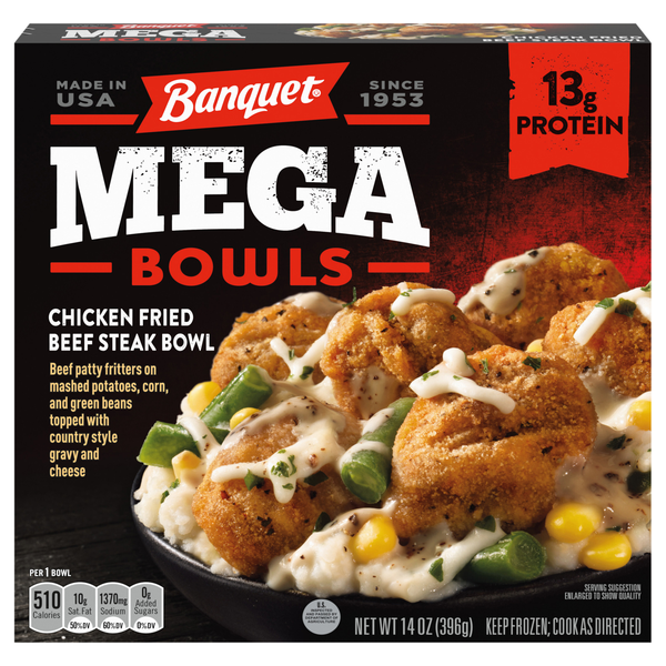 Save on Banquet MEGA Bowls Chicken Fried Beef Steak Protein Frozen Meal ...